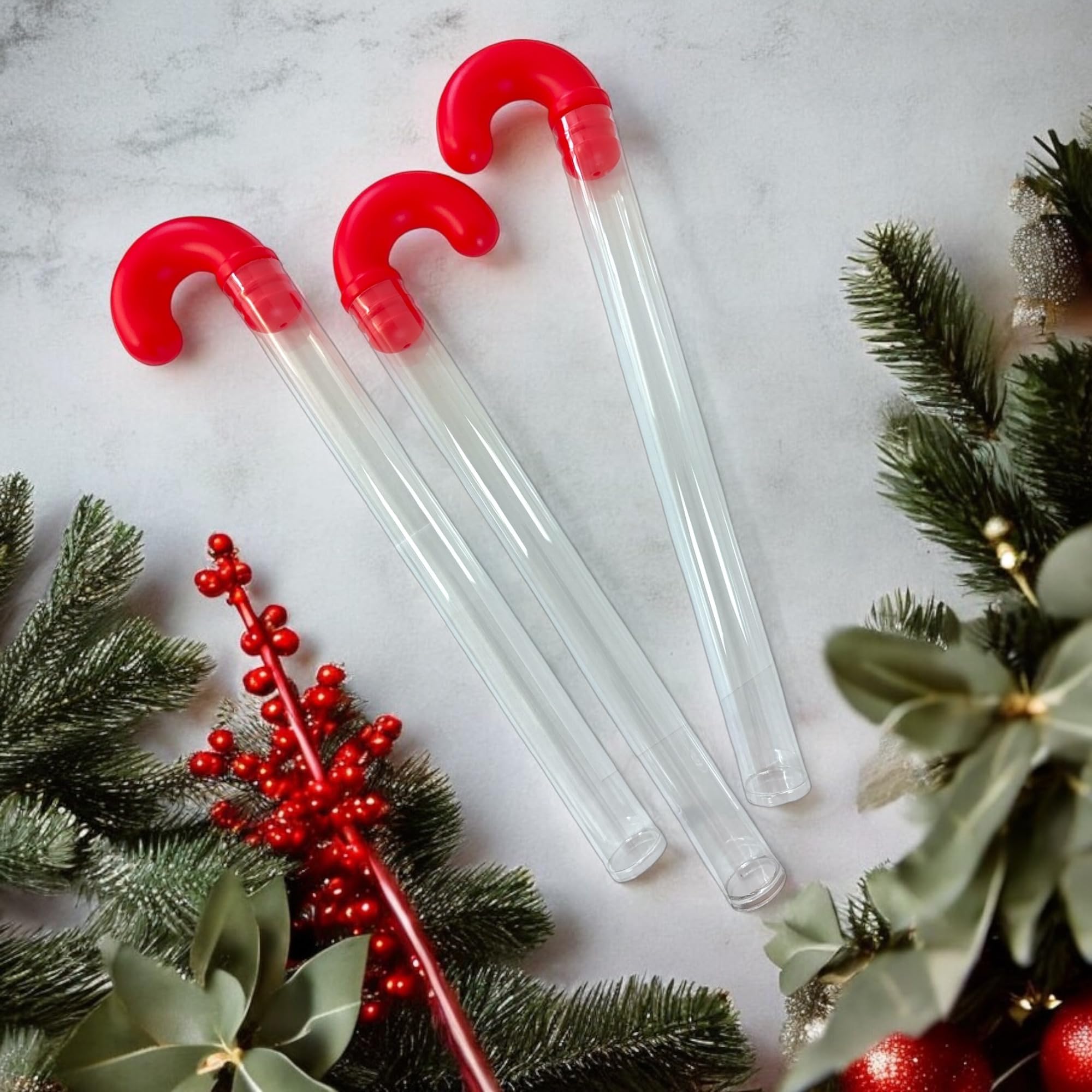 G-Box 8 Empty Christmas Candy Cane Tubes with Red Topper & Santa Stickers | 12" - Clear BPA-Free Plastic, Perfect for Small Candies, a Great Alternative to Christmas Gift Boxes (8, Santa Claus)