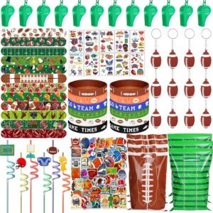 134 pcs football party favors set 12 silicone bracelet 12 whistles 12 keychains 12 slap bracelet 12 tattoo stickers 12 plastic straws 12 gift bags 50 football stickers for football party supplies