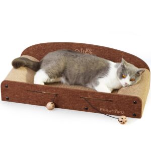 fukumaru 26 inch cat scratcher cardboard lounge bed, durable cat scratcher extra large lounger, 2 reversible cat scratching pads refill for indoor cats, cat scratch bed cardboard toy, caramel color