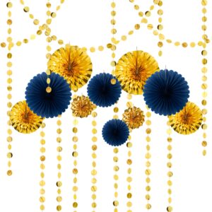 cheerland 40th birthday paper fan garland backdrop kit navy blue gold rosette hanging gold circle dot garland decor for men birthday graduation bridal baby shower party decorations - pack of 14