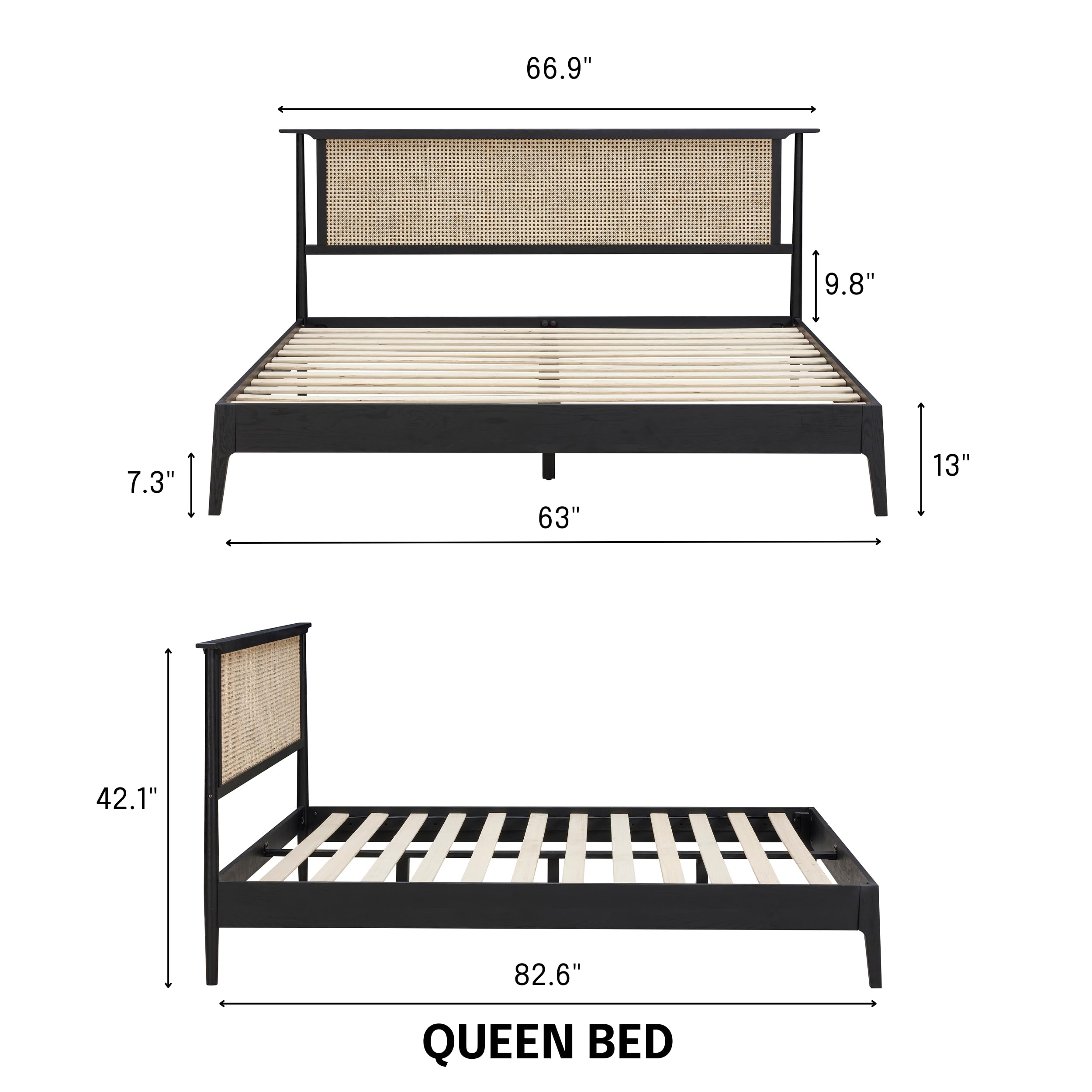 NTC Ruby Wooden Bed Frame with Headboard and Natural Rattan, Solid Oak Foundation with Silent Slats, 1000 Lb Capacity, Effortless Assembly, Queen - Burnt Black