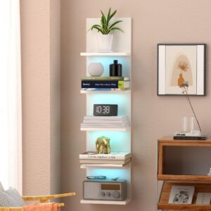 viwods 5-tier wall shelf unit with rgb light, floating lack shelf for wall storage, wall mounted vertical display shelf for bedroom living room vanity, white