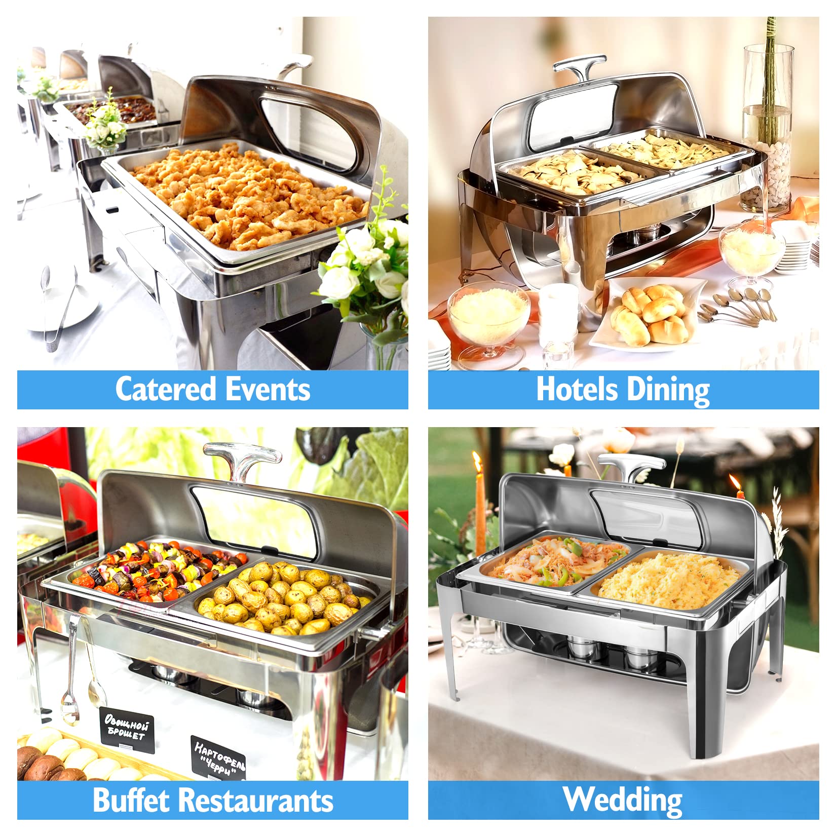 Roll Top Chafing Dish Buffet Set, 9 Quart 1/2 Size Pan Chafer, Rectangle Stainless Steel Set, for Wedding, Parties, Banquet, Catering Event, 3 Pack