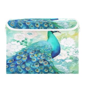 burbuja watercolor peacock storage box with lid & handles, collapsible large storage bin for shelves closet bedroom office organizing