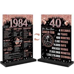 zirtorei 40th birthday decorations back in 1984 table sign for women, rose gold two-sides 40 & fabulous wooden poster with stand party supplies, forty years old bday display holder table decor