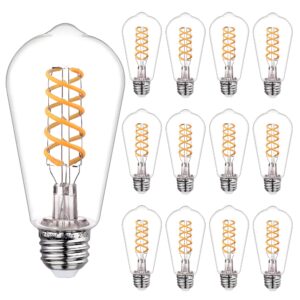 austin coast 12 pcs dimmable vintage led edison bulbs, 6w equivalent 60 watt, warm white 2700k, antique flexible spiral led filament light bulb, st58 (st19), 600 lumens, e26 base, clear plastic