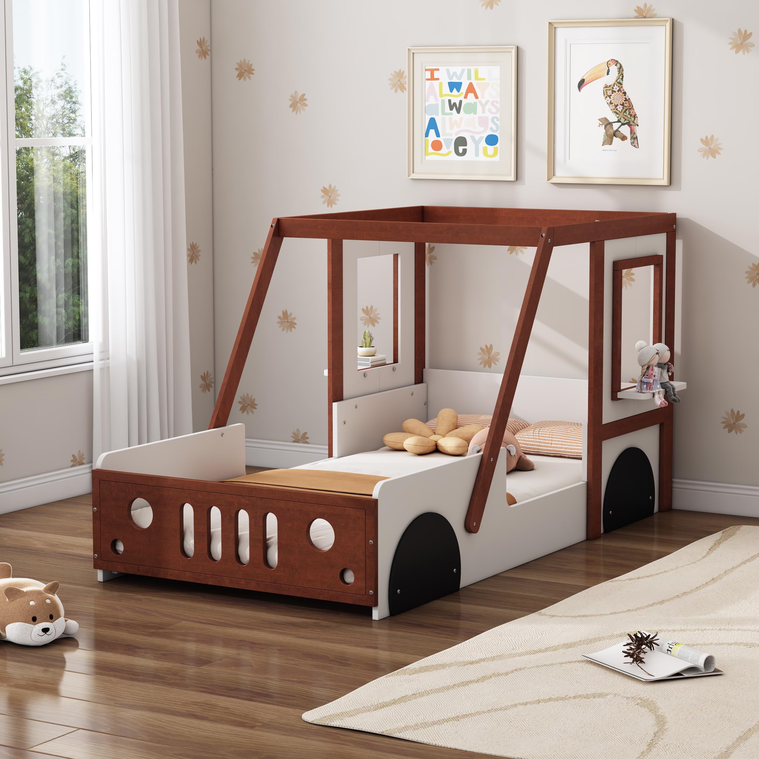 Twin Size Car Bed, Wood Racecar Bed Frame with Fence Railings and Canopy, Kids Floor Bed Frame in Car-Shaped for Boys Girls Teens, White with Walnut