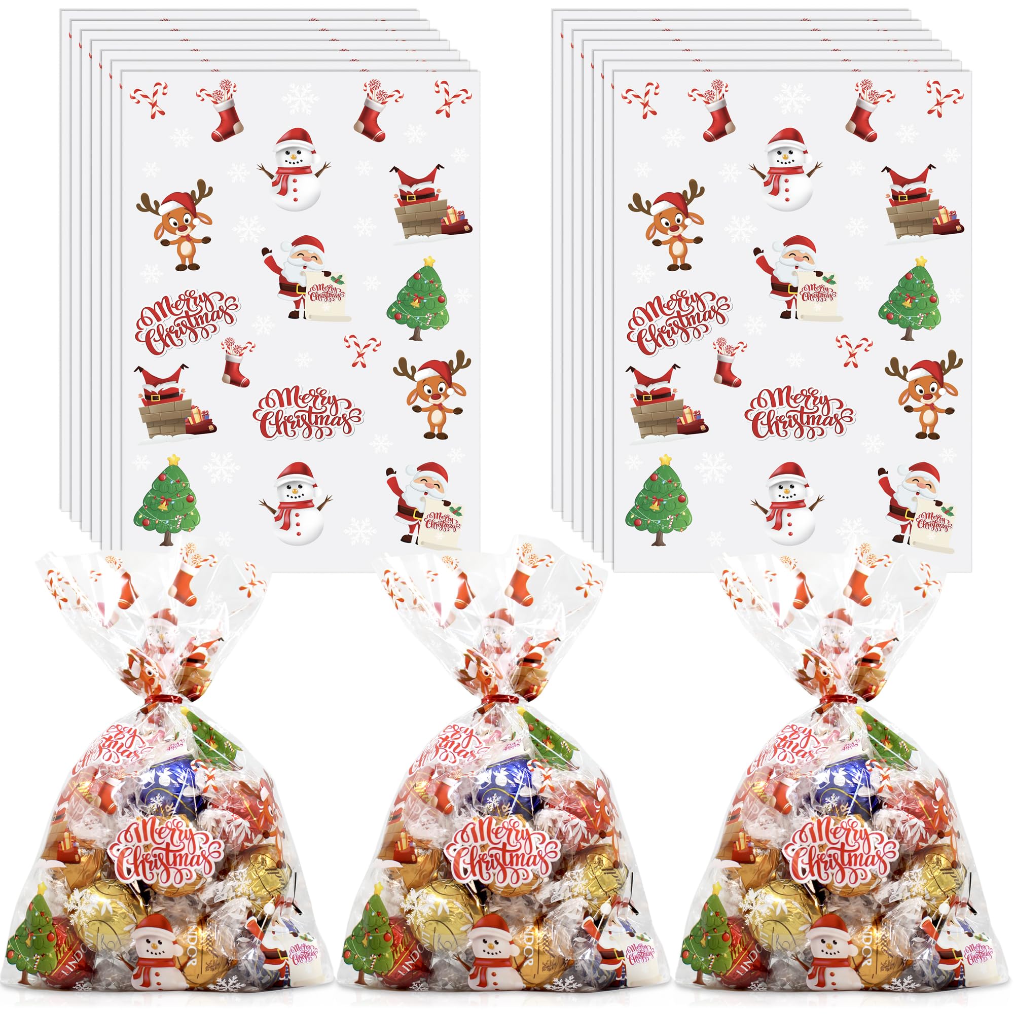 AnapoliZ Christmas Treat Bags | 100 pcs (6” x 9” Inch) | 2.5 Mil Crystal Clear Cellophane Bags with Merry Christmas Designs | Santa, Snowman Cello Bags | Christmas Party Decorations | Xmas Treat Bags