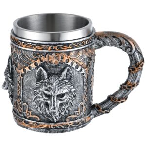 nordic viking rune mug - beer tankard cup for men - stainless steel wooden viking coffee cool mug - viking gift and norse decor - medieval design - ideal beer stein