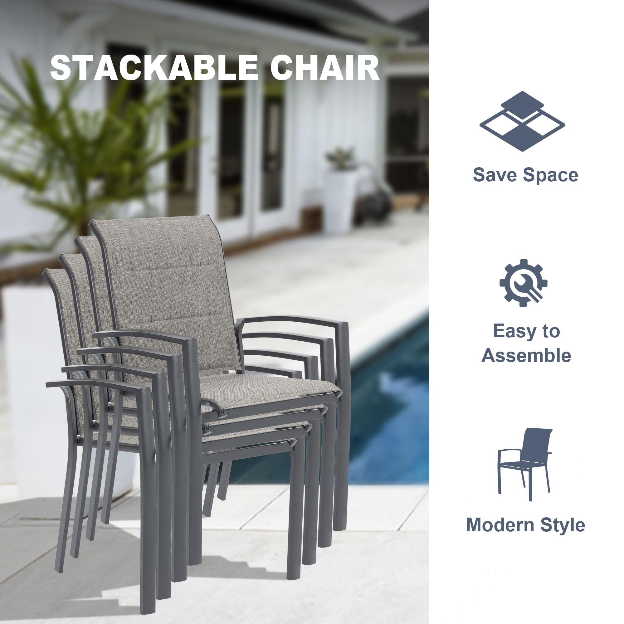 VICLLAX Patio Dining Chairs Set of 2, Outdoor Stackable Padded Textilene Fabric Chairs with Metal Frame for Lawn Garden Backyard Deck, Grey Frame