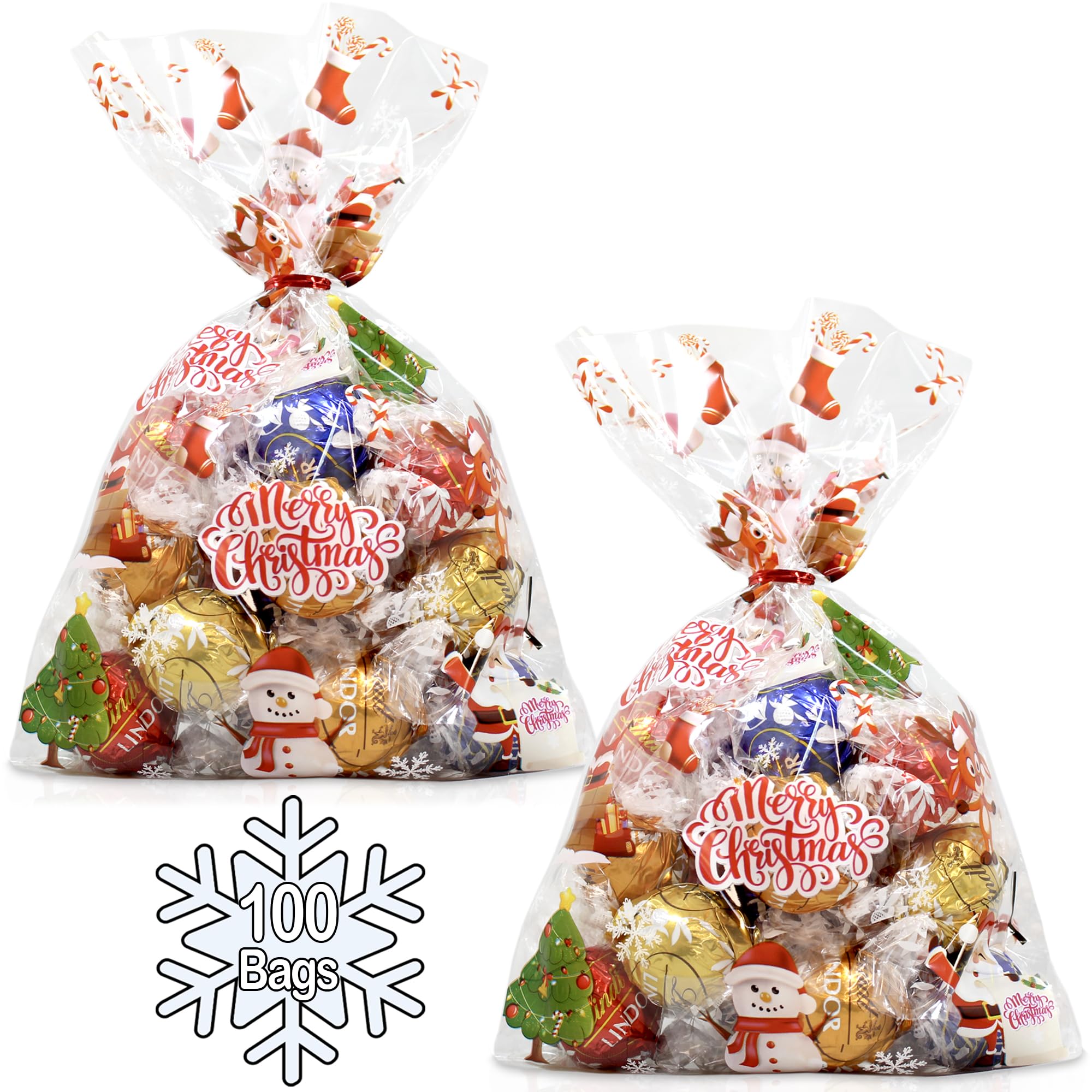 AnapoliZ Christmas Treat Bags | 100 pcs (6” x 9” Inch) | 2.5 Mil Crystal Clear Cellophane Bags with Merry Christmas Designs | Santa, Snowman Cello Bags | Christmas Party Decorations | Xmas Treat Bags