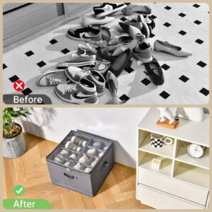 INSTY 2 Pack Shoe Organizer for Closet,Fits up to 32 Pairs,Adjustable Dividers for Shoe Storage,Fabric Shoe Storage Bins with Clear Cover,Grey