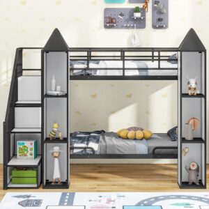 YOPTO Twin Castle-Shaped Wardrobe and Multiple, Metal Bunk Bed with Storage Staircase and Safety Guardrail for Kids Boys Girls Bedroom, 63" H x 92.9" L x 53.2" W, White+Black