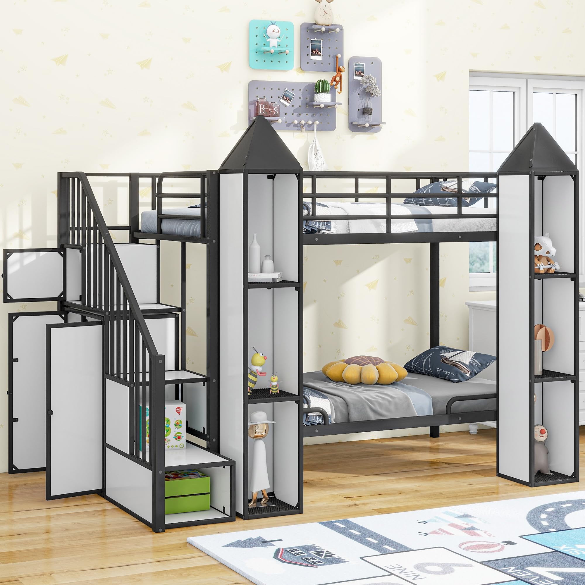 YOPTO Twin Castle-Shaped Wardrobe and Multiple, Metal Bunk Bed with Storage Staircase and Safety Guardrail for Kids Boys Girls Bedroom, 63" H x 92.9" L x 53.2" W, White+Black