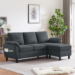 tornama 79" convertible sectional sofa, small l shaped 3 seat couch with reversible chaise, modern linen fabric sofa couches for living room, apartment and small space, dark grey