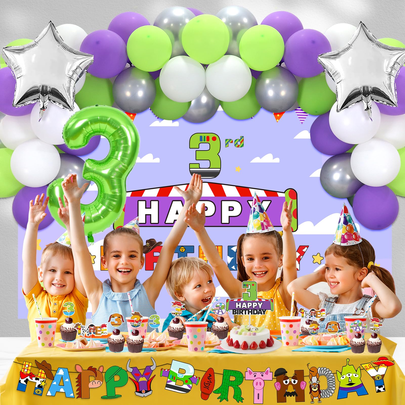 Crenics 3rd Birthday Decorations for Girls or Boys - 3rd Birthday Backdrop, Banner, Balloon Arch Kit, Number 3 Balloon with Cake Toppers for Toy Inspired Story Theme 3 Birthday Party Supplies