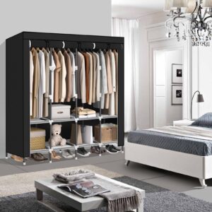 LOKEME Portable Closet，19mm Diameter Portable Closets for Hanging Clothes，Black Closet with 4 Hanging Rods and 8 Storage Shelves，Non-Woven Fabric，Easy to Assembly，67.9x18.4x70.8 Inches