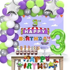 crenics 3rd birthday decorations for girls or boys - 3rd birthday backdrop, banner, balloon arch kit, number 3 balloon with cake toppers for toy inspired story theme 3 birthday party supplies