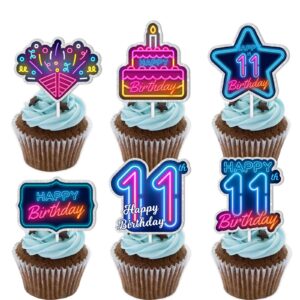 18pcs blue fluorescence glitter dessert cupcake topper cheer to let’s glow crazy happy 11th birthday theme decoration supplies anniversary wedding party decor supplies