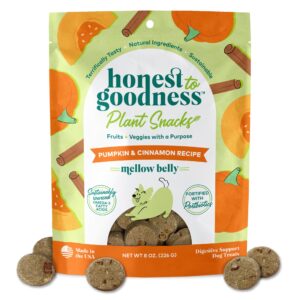 honest to goodness plant snacks mellow belly pumpkin & cinnamon recipe dog treats, enriched with omega 3s & postbiotics, 8oz