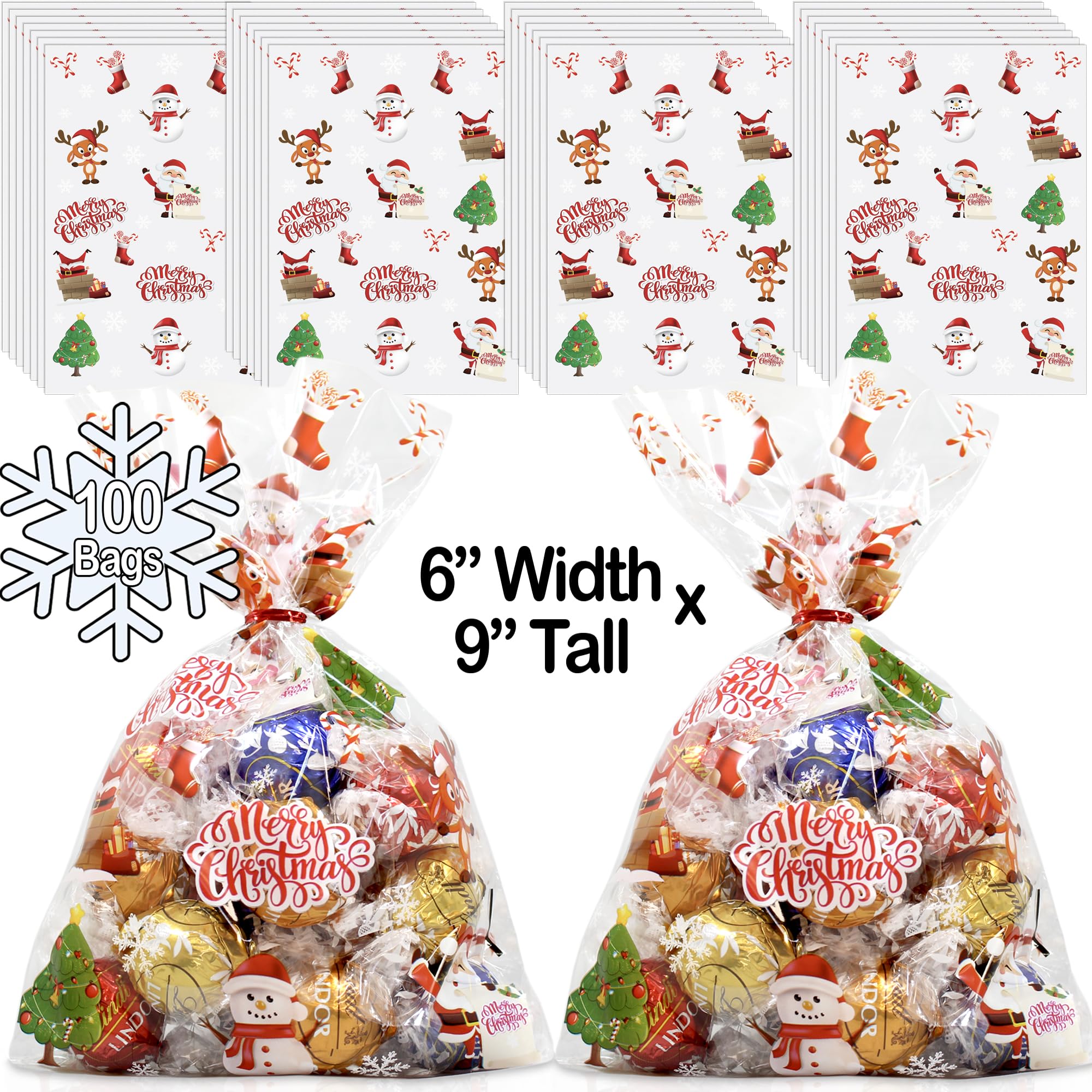 AnapoliZ Christmas Treat Bags | 100 pcs (6” x 9” Inch) | 2.5 Mil Crystal Clear Cellophane Bags with Merry Christmas Designs | Santa, Snowman Cello Bags | Christmas Party Decorations | Xmas Treat Bags