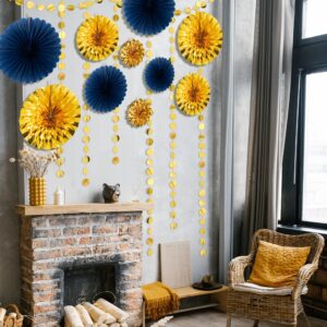 Cheerland 40th Birthday Paper Fan Garland Backdrop Kit Navy Blue Gold Rosette Hanging Gold Circle Dot Garland Decor for Men Birthday Graduation Bridal Baby Shower Party Decorations - Pack of 14