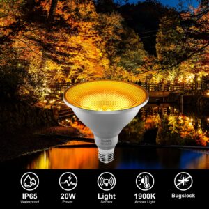 Familite LED Bug Light Bulbs, 1900K Yellow Outdoor PAR38 Flood Lights, Dusk to Dawn Auto On/Off Porch Lights, IP65 Waterproof, Replace up to 100W for Garage Hallway Yard Porch, 2 Pack