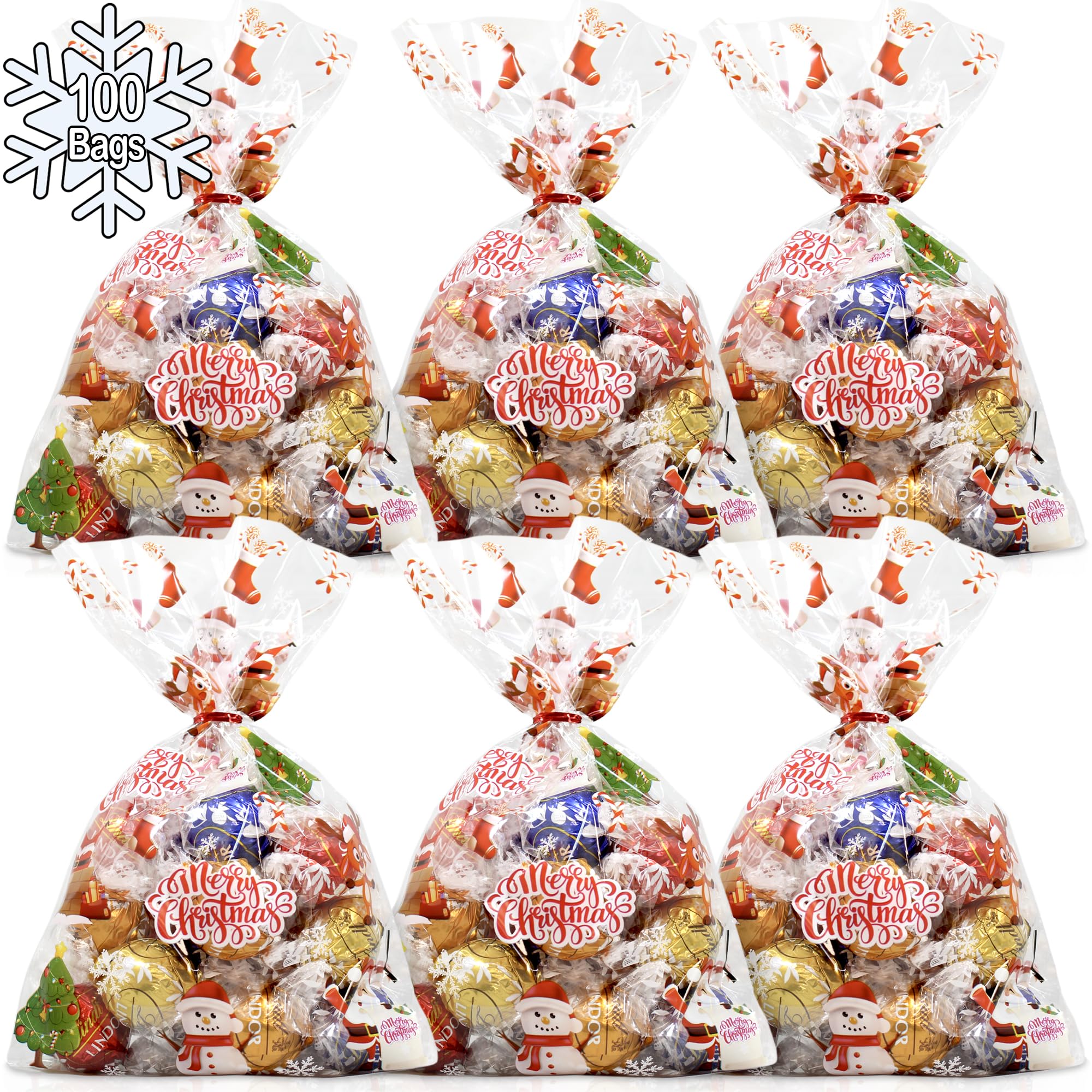 AnapoliZ Christmas Treat Bags | 100 pcs (6” x 9” Inch) | 2.5 Mil Crystal Clear Cellophane Bags with Merry Christmas Designs | Santa, Snowman Cello Bags | Christmas Party Decorations | Xmas Treat Bags