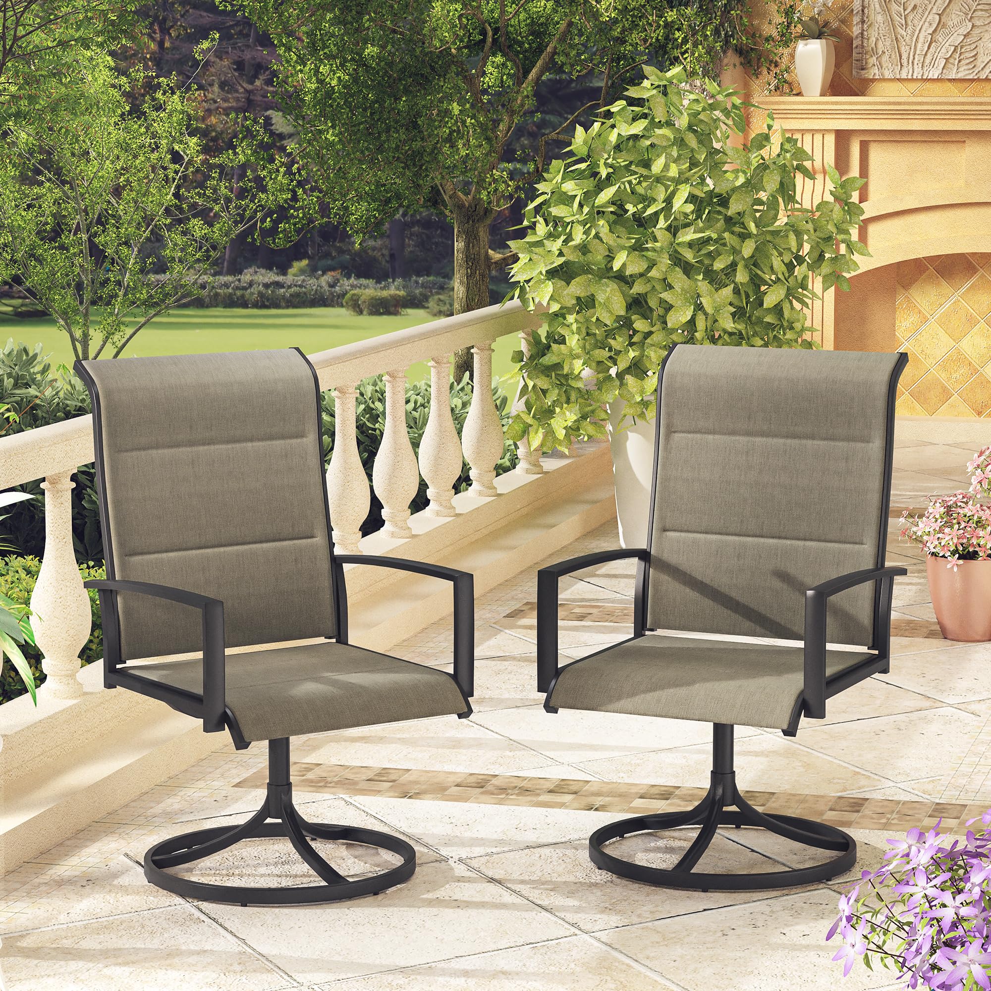 VICLLAX Patio Swivel Chairs Set of 2, Padded Textilene Fabric Outdoor Dining Chairs with Upgraded Base for Lawn Garden Backyard Deck, Black Frame