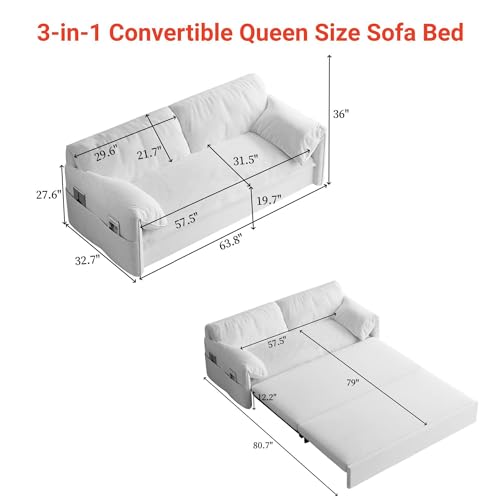 3-in-1 Multi-Functional Convertible Loveseat Sofa Bed , Comfy Upholstered Sleeper Futon Couch Pull Out Sofacama , Chaise Lounge with Adjustable Backrest , RV Furniture for Living Room Small Places