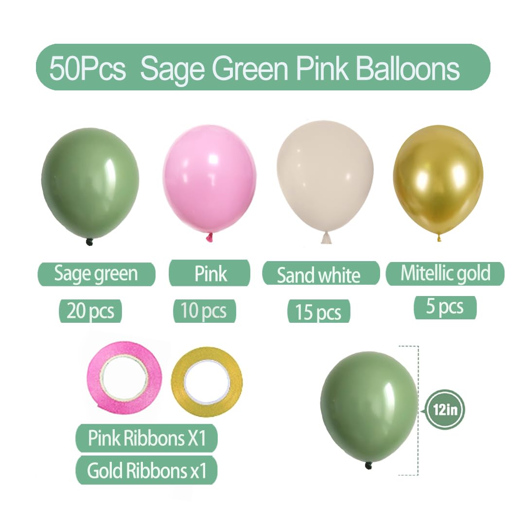 Sage Green Pink Balloons, 50pcs 12 Inch Green and Pink Balloons Olive Green Light Pink Sand White Metallic Gold Balloons for Birthday Decoration Baby Shower Wedding Party Decoration