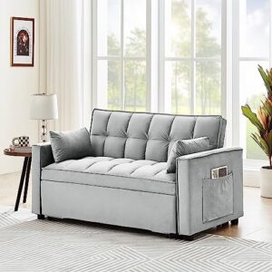 biadnbz 55" convertible loveseat sleeper sofa with pull out bed, modern velvet couch with pillows & side pockets, adjustable, for small space living room, gray