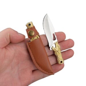 szhoworld small fixed blade knife, 2 inch 5cr steel blade with brass dragon head handle, mini knife with leather sheath for edc gift collection (style 2)