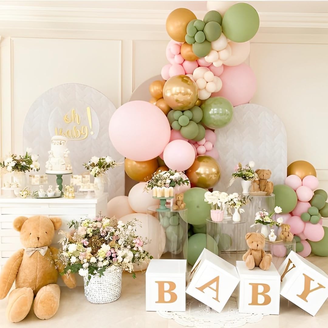 Sage Green Pink Balloons, 50pcs 12 Inch Green and Pink Balloons Olive Green Light Pink Sand White Metallic Gold Balloons for Birthday Decoration Baby Shower Wedding Party Decoration