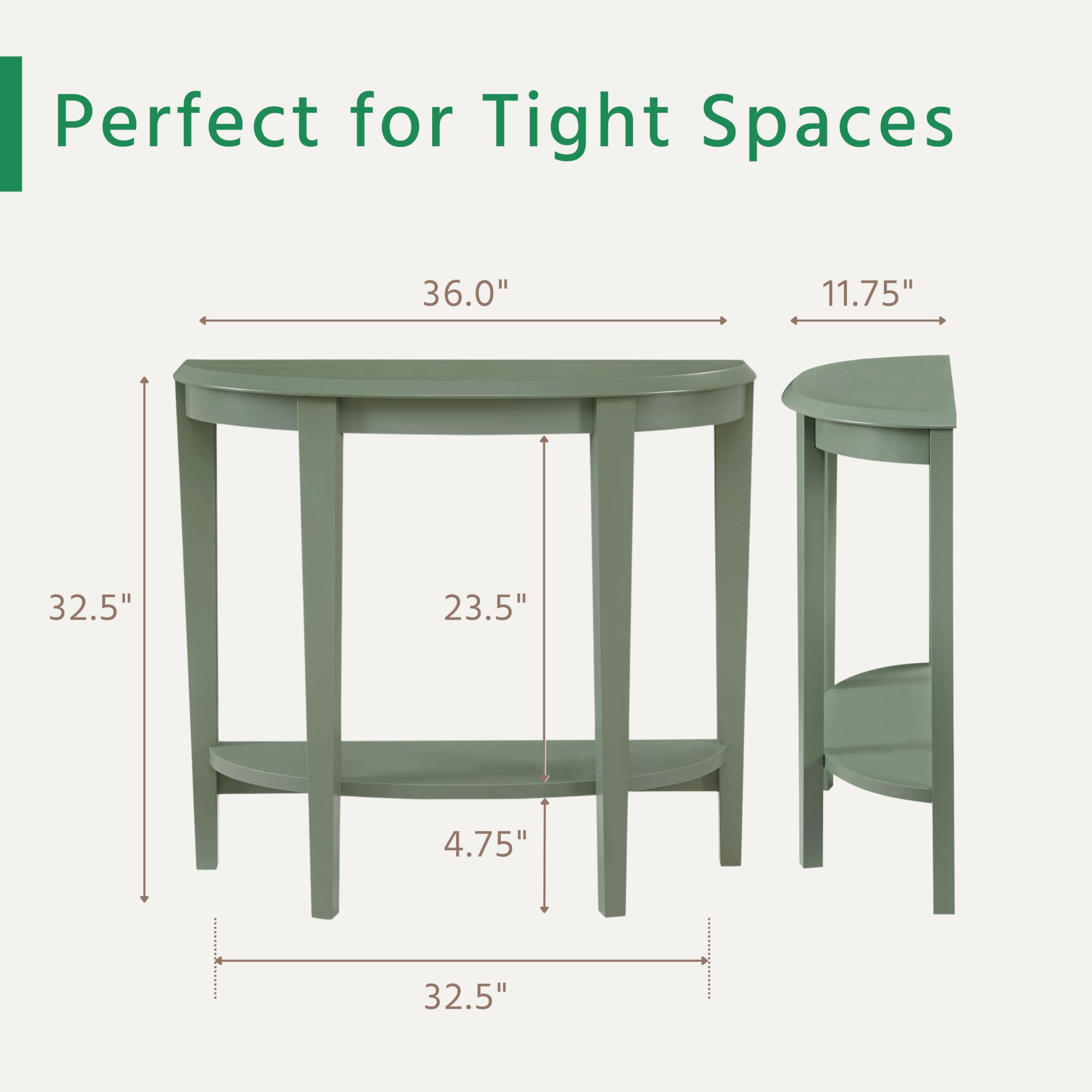 HOMES: Inside + Out Payne Modern Half Moon Accent Console Table with Storage Shelf, Decorative Entryway Furniture for Living Room, Hallway, Entrance, Small Spaces, Sage Green