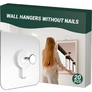 picture hangers without nails, a set of 20 adhesive wall hooks,no damage wall hooks for hanging on kitchen,bathroom,bedroom and office, single wall hangers holding up to 13 lbs