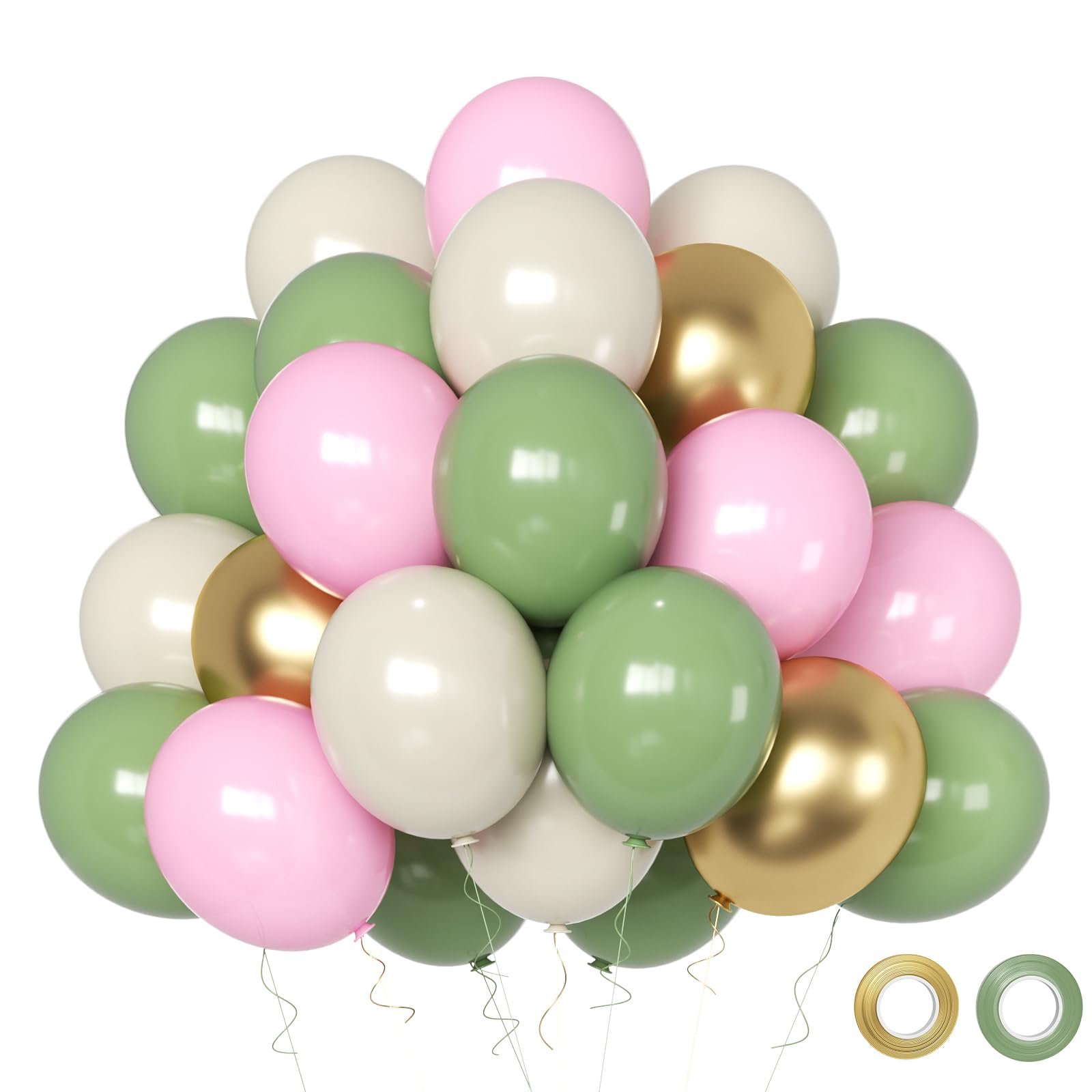 Sage Green Pink Balloons, 50pcs 12 Inch Green and Pink Balloons Olive Green Light Pink Sand White Metallic Gold Balloons for Birthday Decoration Baby Shower Wedding Party Decoration