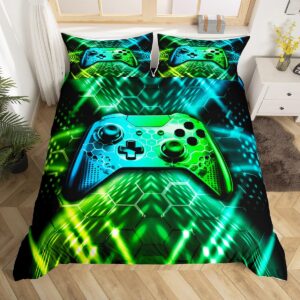 gamepad bedding sets for boys,reversible gaming duvet cover set twin size,video games geometry comforter cover,bed set for kids bedroom,gamepad controller,2 pcs with 1 pillow case,blue green neon