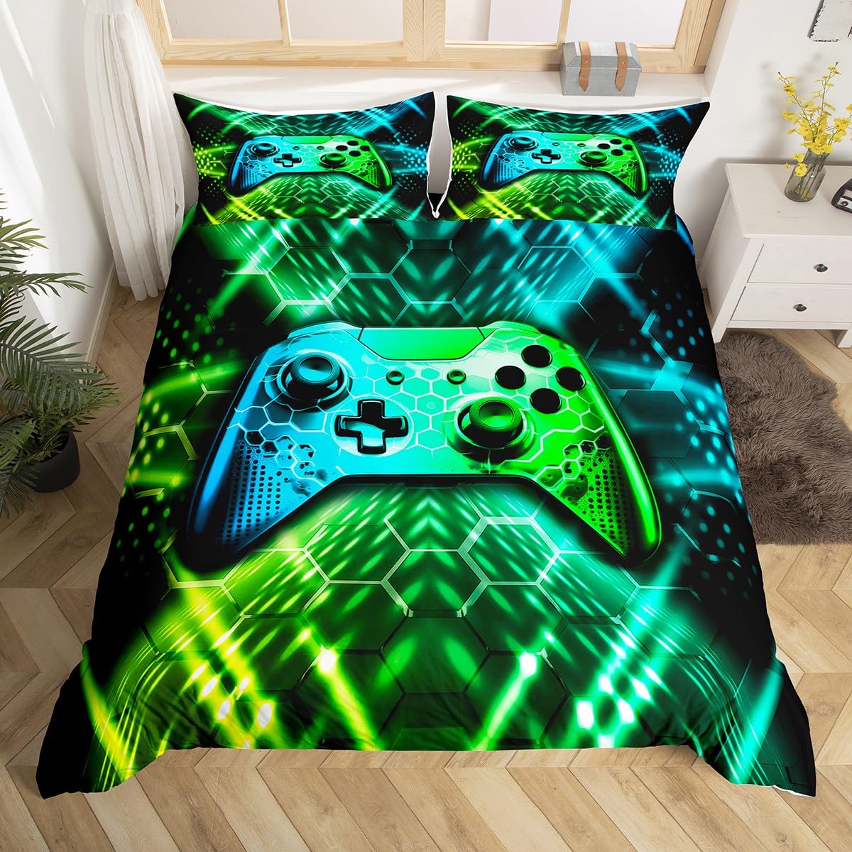 Gamepad Bedding Sets for Boys,Reversible Gaming Duvet Cover Set Twin Size,Video Games Geometry Comforter Cover,Bed Set for Kids Bedroom,Gamepad Controller,2 Pcs with 1 Pillow Case,Blue Green Neon