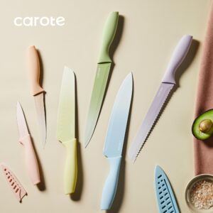 CAROTE 12Pcs Kitchen Knife Set, Stainless Steel Blade with Ceramic Nonstick Coating, Cutlery Knives with Blade Guards, Dishwasher Safe, Multicolored