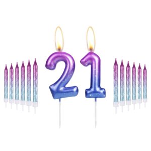 ininger 21th birthday candles purple to blue gradient candle with 12 pcs gradient spiral candle for 21th birthday candles decorations for women number 21 candles wedding anniversary decorations