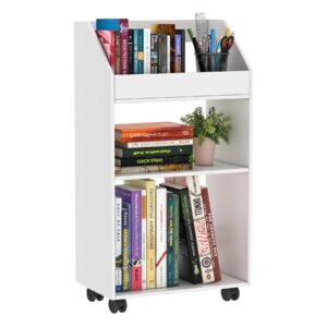 hayofamy 3-tier mobile bookshelf, white bookcase with wheels, rolling file holder desk file book organizer for home office living room school