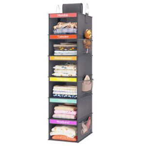 fixwal 6-shelf weekly clothes organizer for kids, kids daily shelf hanging closet organizer with 6 side pockets, days of the week hanging storage shelves (dark grey)