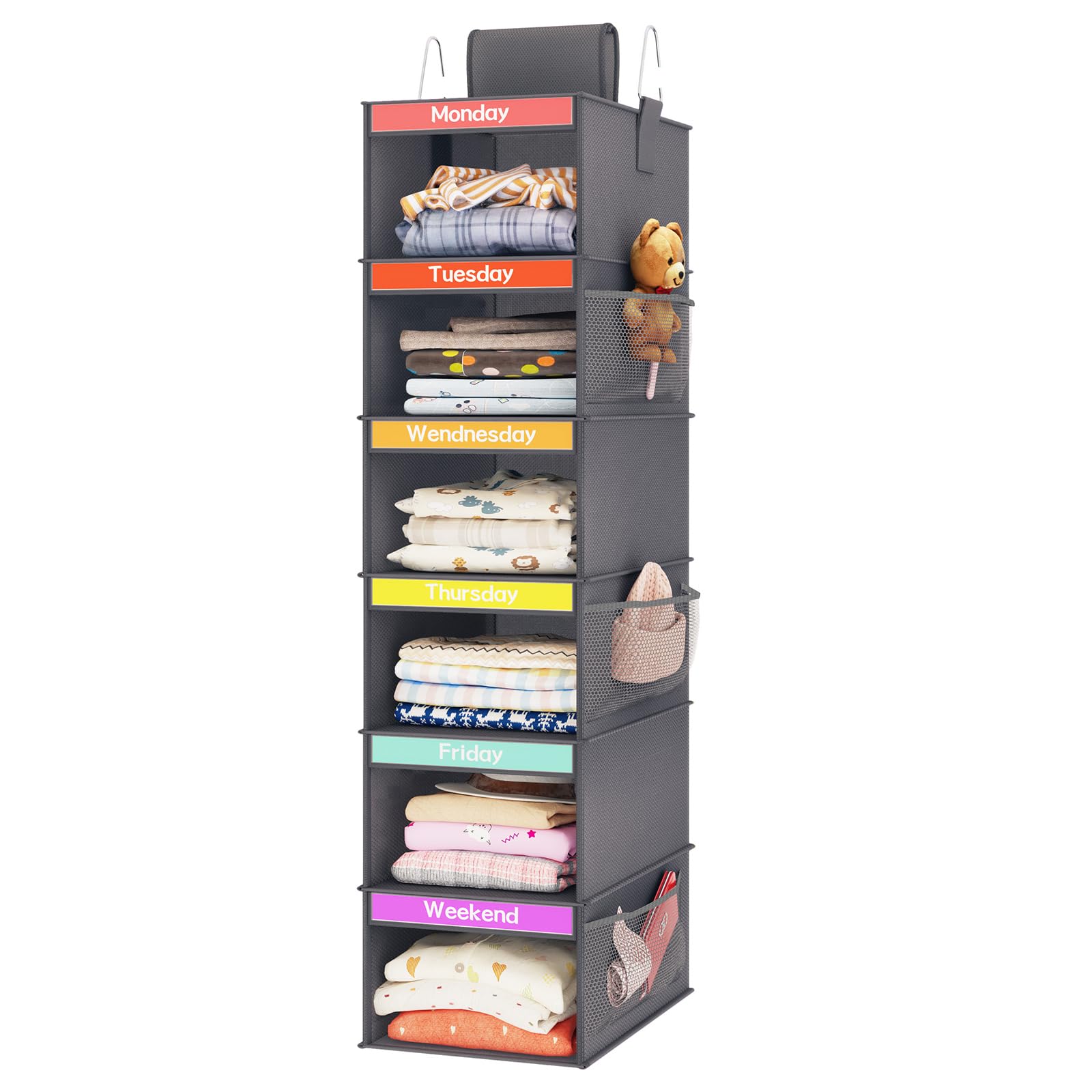 Fixwal 6-Shelf Weekly Clothes Organizer for Kids, Kids Daily Shelf Hanging Closet Organizer with 6 Side Pockets, Days of The Week Hanging Storage Shelves (Dark Grey)