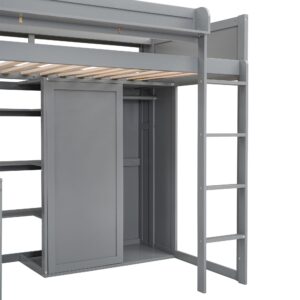 SOFTSEA Twin Loft Bed with Desk and Wardrobe, Solid Wood Loft Bed with Desk and Storage Shelves, High Loft Bed Frame with Bookcase Headboard and Ladder for Kids Teens Adults, Gray