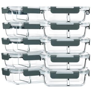 m mcirco 10-pack,30 oz glass meal prep containers 2 compartments, airtight glass lunch bento boxes with lids, glass food storage containers, microwave, oven, freezer and dishwasher