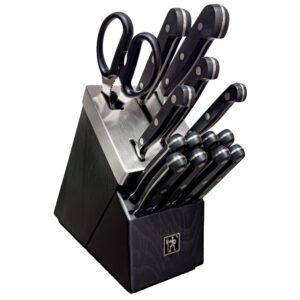 henckels classic 15-pc self-sharpening knife block set | 8 steak knives, paring knife, serrated utility knife, prep knife, santoku knife, chef’s knife, & kitchen shears, black block