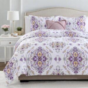 bedduvit 100% cotton duvet cover queen size - purple damask queen duvet cover set, soft cozy paisley pattern all season bedding comforter sets with zipper closure & 8 ties (90"x90")