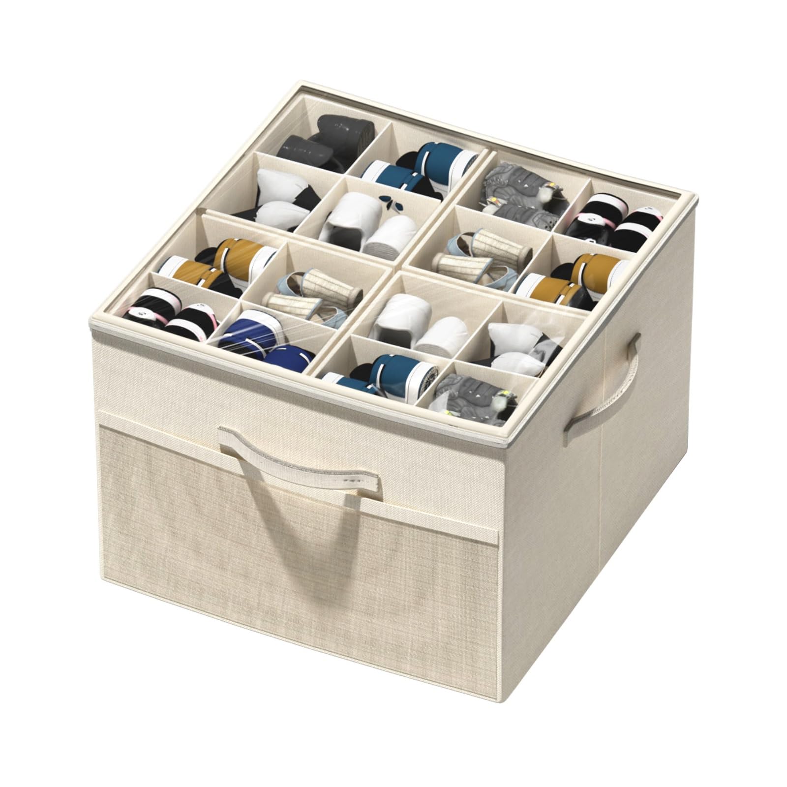 Aokeyee Shoe Organizer for Closet,Foldable Shoe Storage Organizer Box Bin w/Adjustable Dividers and Clear Cover, Fits up to 16 Pairs (Beige)