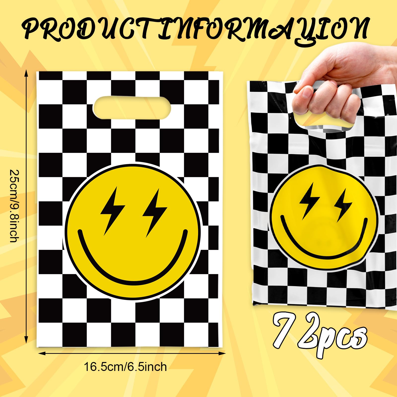 Whaline 72Pcs One Happy Dude Party Favor Bags Smile Face Checkered Plastic Treat Bags Goodie Candy Bags for Birthday Baby shower Party Gift Wrapping Supplies